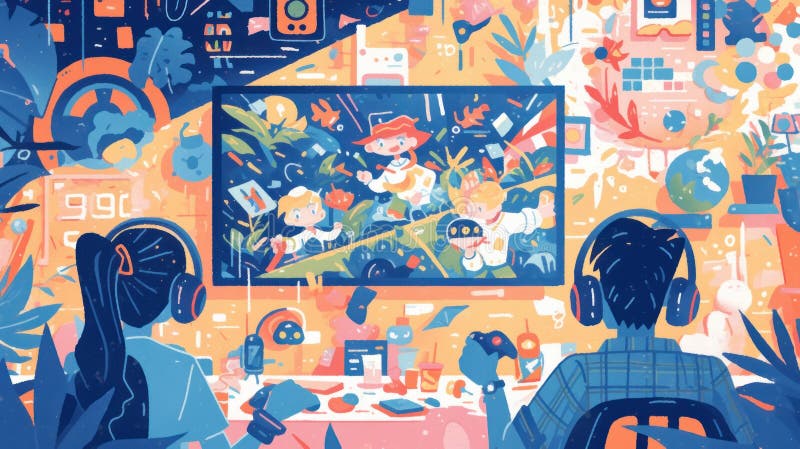 Illustration of Two People Watching TV with Abstract Background Stock ...