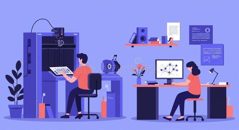 Illustration of Two People Working in a Tech-oriented Workspace. on the ...