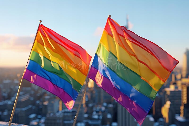 Two Rainbow Flags in Closeup in Front of a City, High Quality, High ...