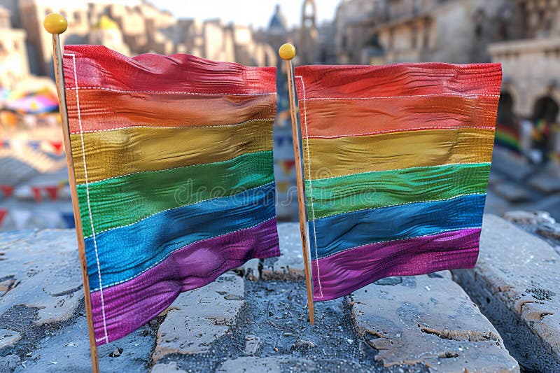 Two Rainbow Flags in Closeup in Front of a City, High Quality, High Resolution Stock ...