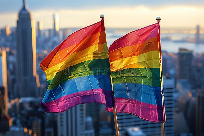 Illustration of Two Rainbow Flags in Closeup in Front of a City, High ...