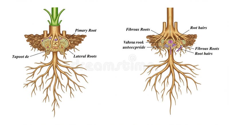 Types of Root Systems of Plants, Monocots and Dicots Isolated on White ...