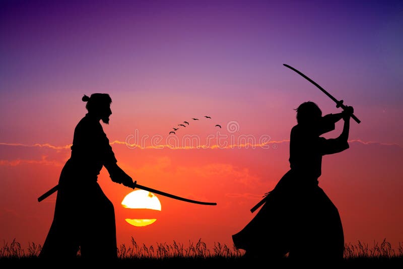 Two Samurai with Sword at Sunset Stock Illustration - Illustration of ...