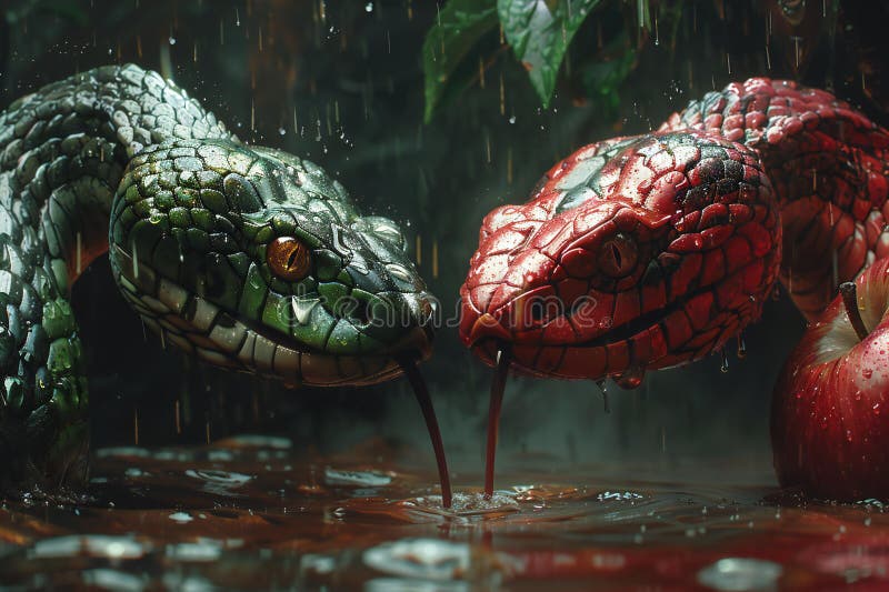 Two Snakes Fighting in the Rain with Red Apples in the Background Stock ...