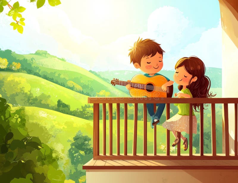 An Illustration of Two Teenagers Singing and Playing Guitar on a ...