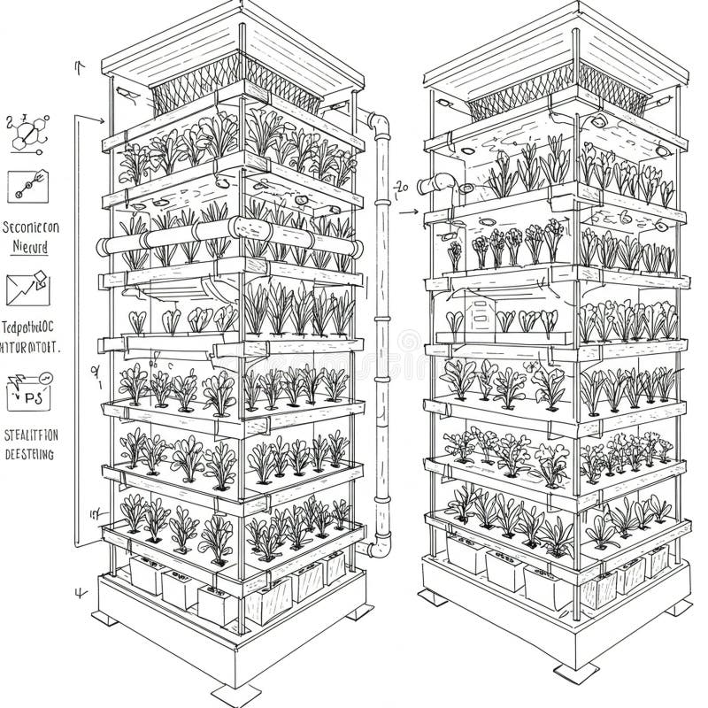 Illustration of Two Vertical Hydroponic Farming Structures, Showing ...