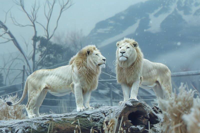 Two White Lions Standing on the Log in the Snow in the Zoo Stock ...