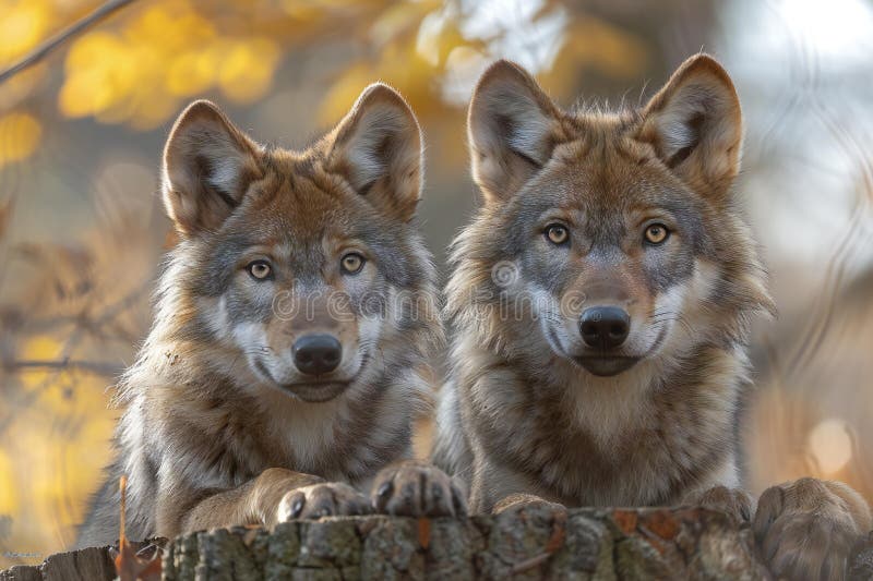Two Wolves are Sitting on a Log in the Autumn Forest, they are Looking ...