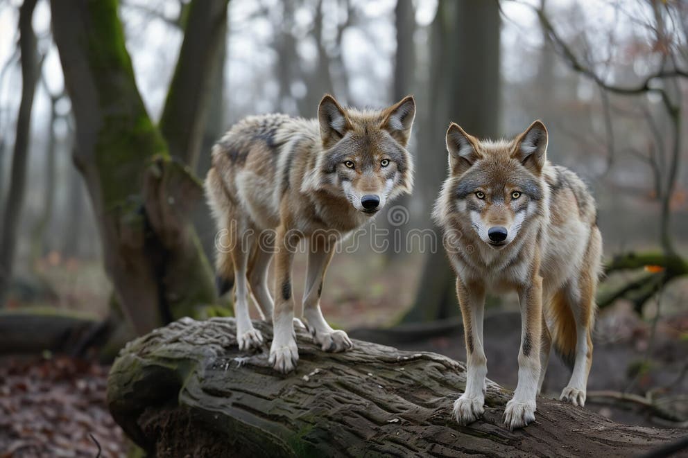 Two Wolves Standing on a Log in a Forest, Looking at the Camera Stock ...