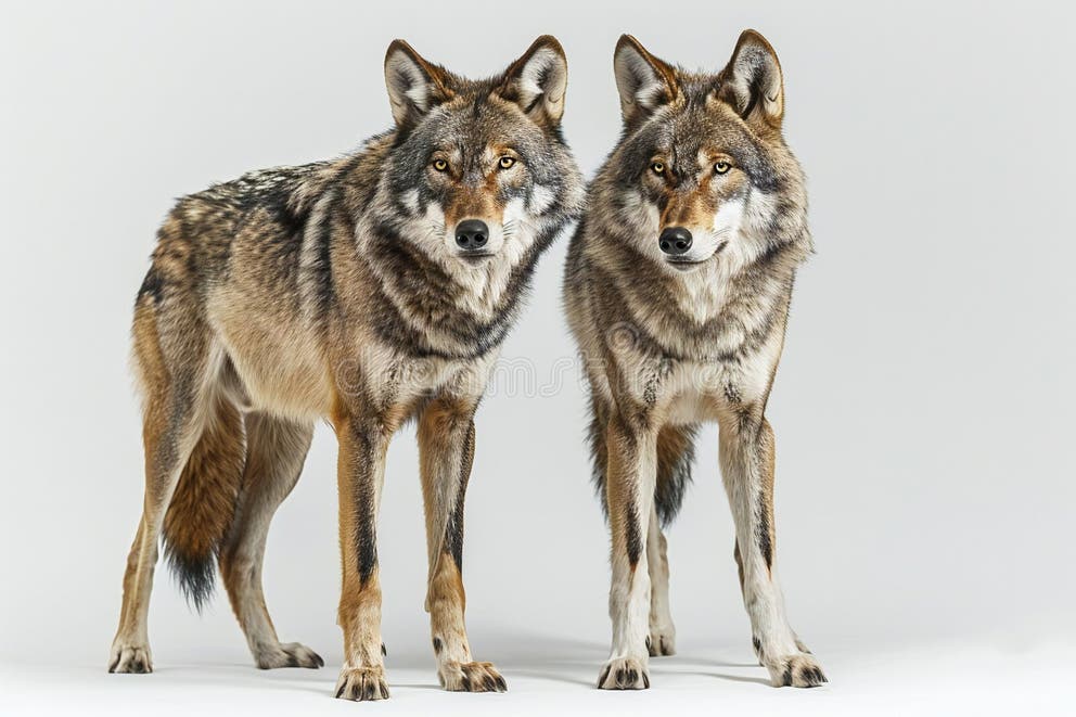 Two Wolves Standing Side by Side and Looking at Camera Isolated on ...