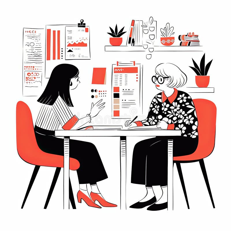 Illustration of Two Women Collaborating in a Creative Office Setting ...