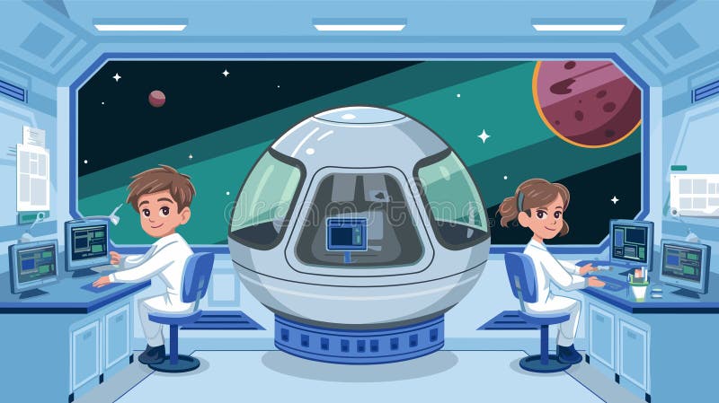 Young Scientists Working in a Futuristic Space Laboratory with a Planetary View Stock Vector ...