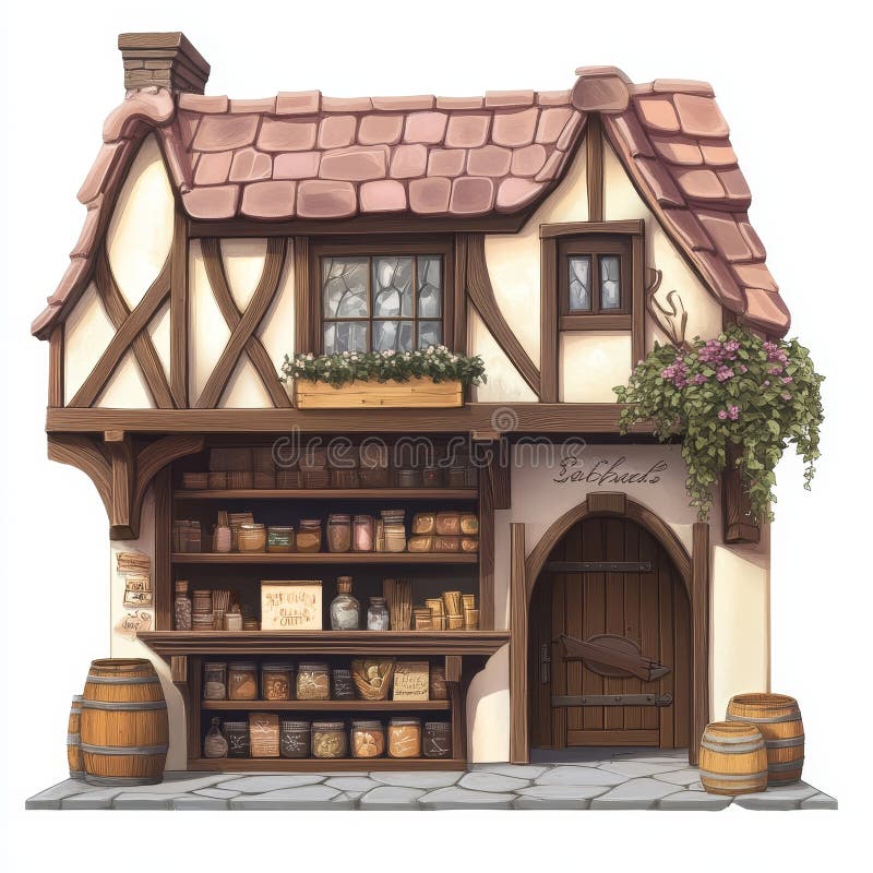 Illustration of a Typical German House with a Wine Cellar and Barrels ...