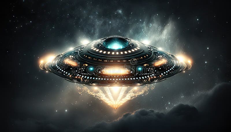 UFO with lights in space stock illustration. Illustration of alien ...