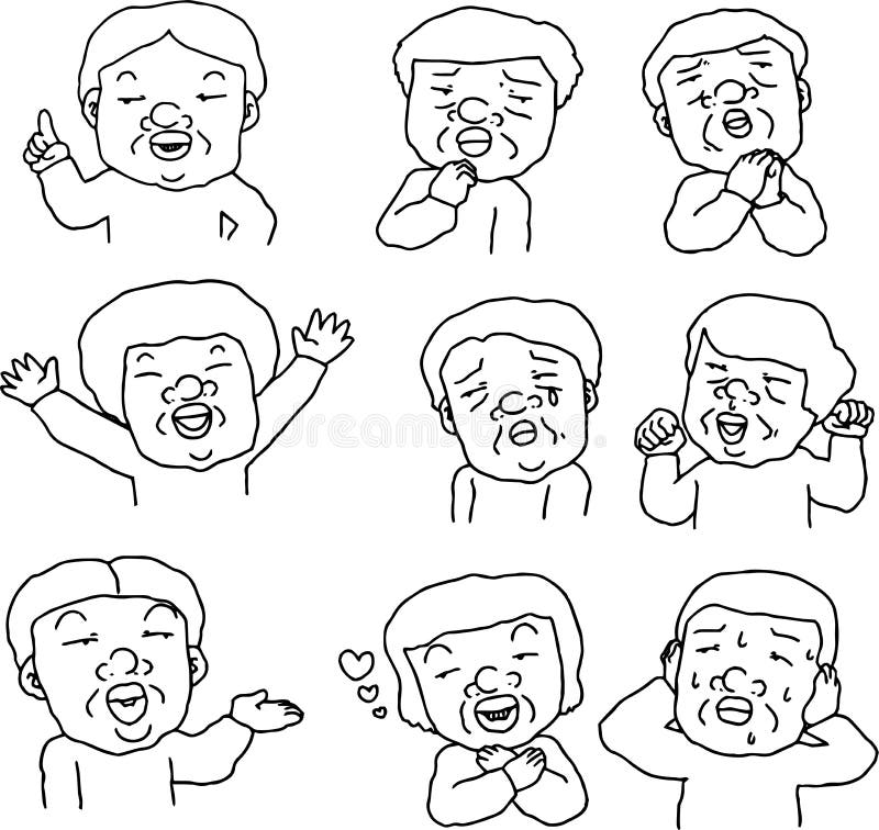 Ugly Fat Man Poses And Facial Expressions Outline Set Stock Vector