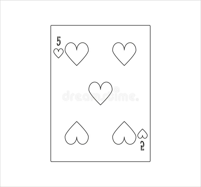 Illustration of an Uncolored Number Five of Hearts Playing Card for Web ...