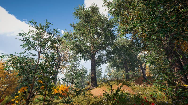 Illustration of an Undergrowth with a Biome Rich in Vegetation on a Hill with Red Ground. 3d ...