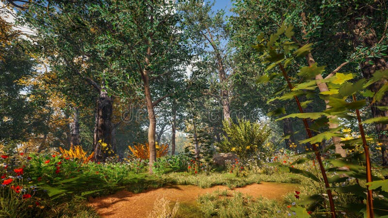 Illustration of an Undergrowth with a Biome Rich in Vegetation on a Hill with Red Ground. 3d ...