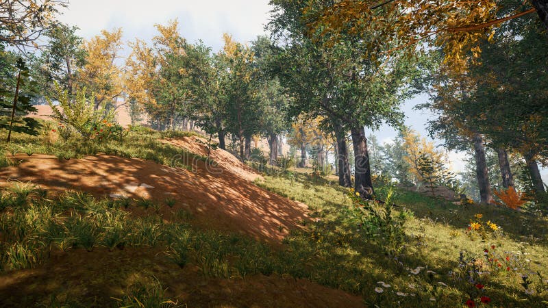 Illustration of an Undergrowth with a Biome Rich in Vegetation on a Hill with Red Ground. 3d ...