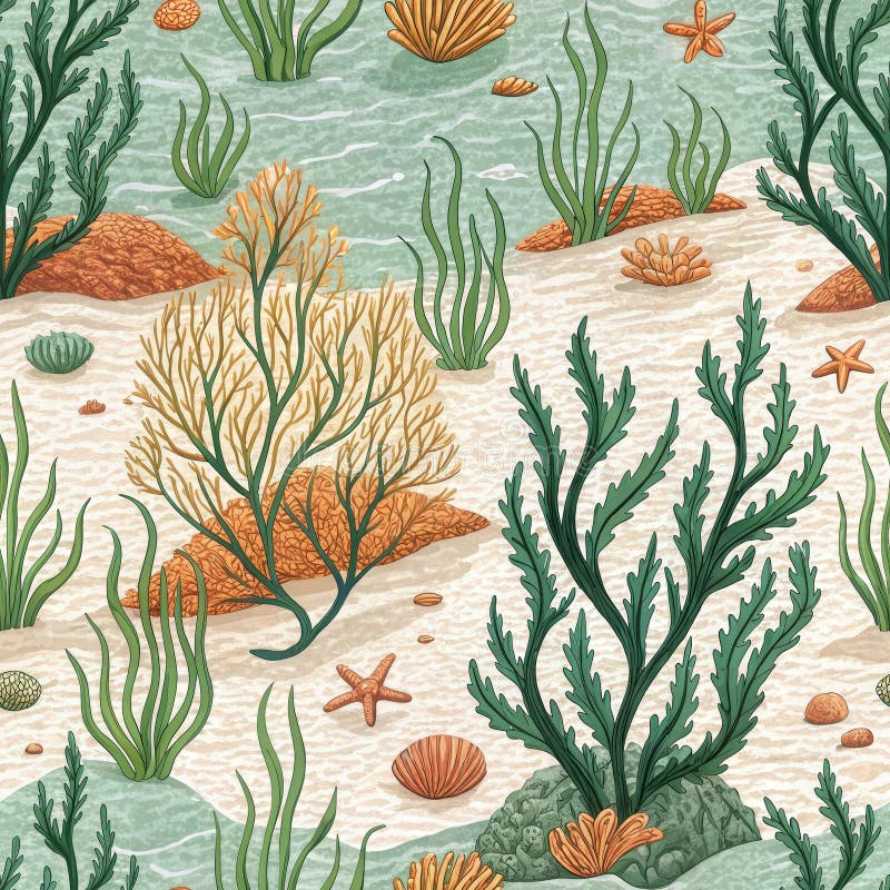 Illustration of Algae in Sea, Seamless with Shells Stock Illustration ...
