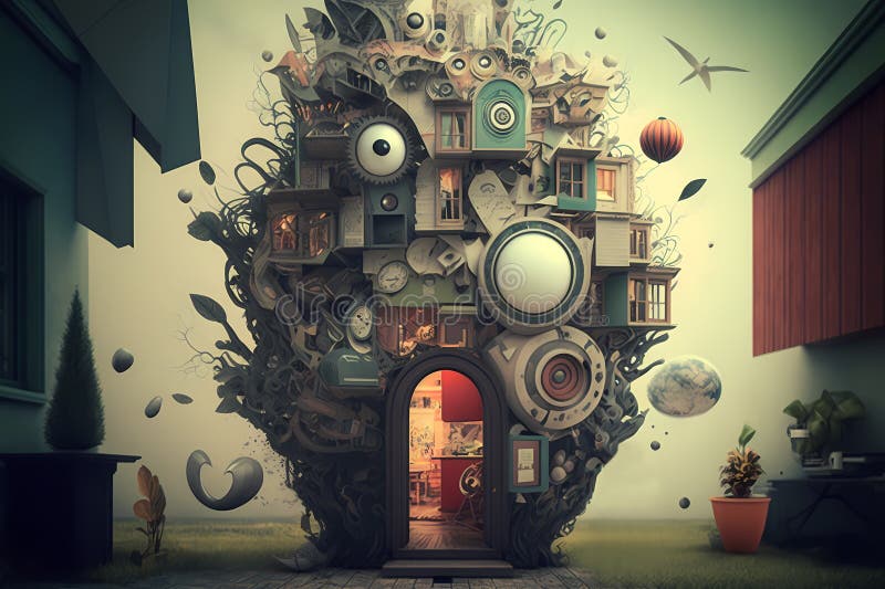 Illustration of Unique House Made from Diverse Materials. Stock Photo ...