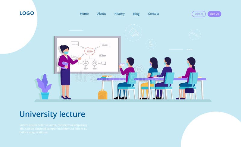 Illustration of University Lecture in Safe Conditions. Vector Cartoon ...