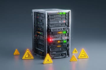 Illustration of Unplugged Server Rack with Warning Lights and Open ...