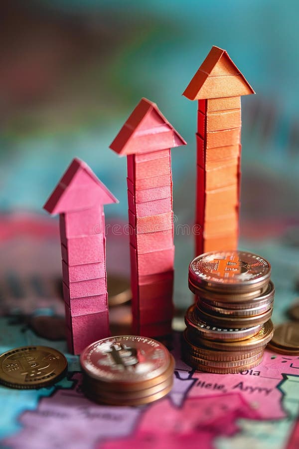 Upward Arrows with a Stack of Coins Next To it, Paper Craft Style Stock ...