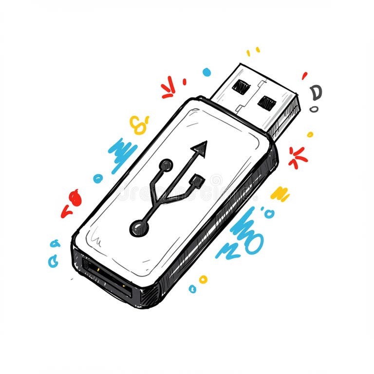 Illustration of a USB Flash Drive Featuring a Bold Line Drawing Style ...
