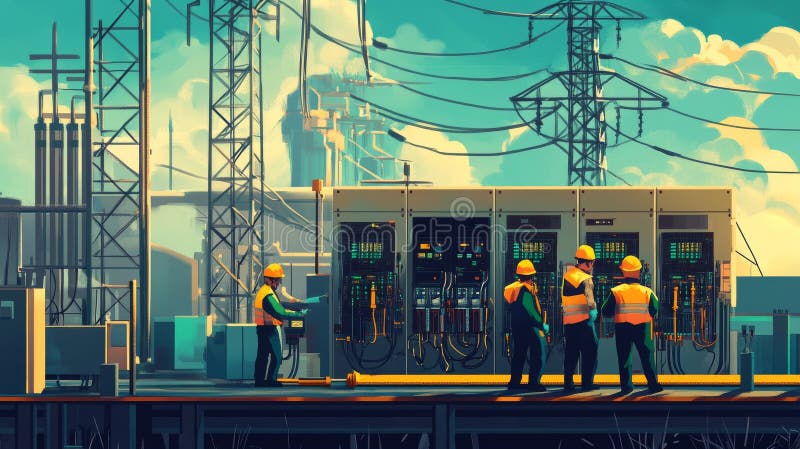 Illustration of Utility Workers at a Power Station Managing Control ...