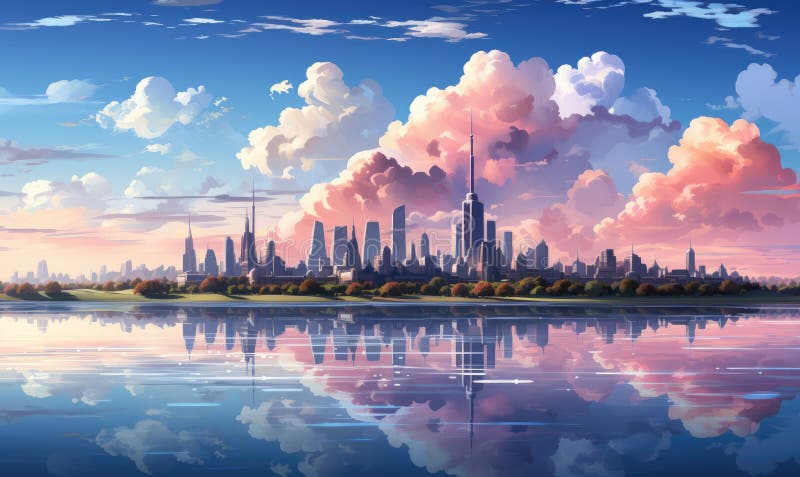 A Utopic Futuristic City with a Blue Sky and Clouds Stock Illustration ...
