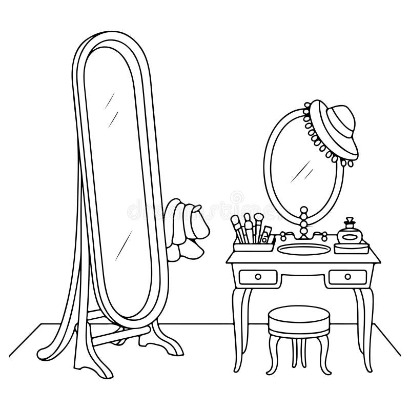 Illustration of a Vanity with Mirrors and Makeup Brushes Stock ...