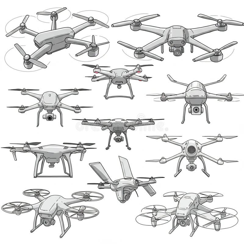 Illustration of Various Drones, Showcasing Different Designs and ...