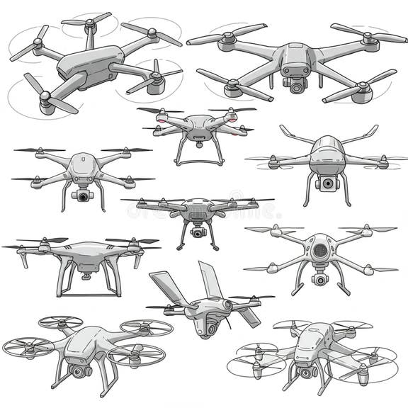 Illustration of Various Drones, Showcasing Different Designs and ...