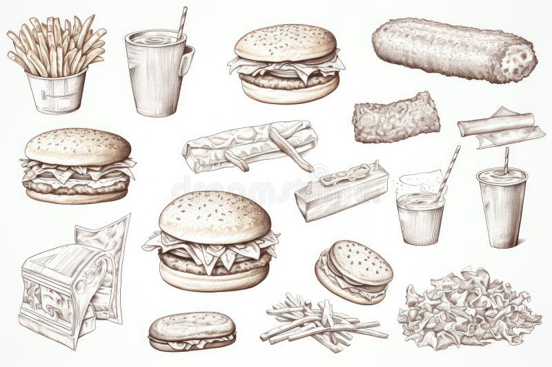 Illustration of Various Fast Food Items, Suitable for Menus or Food ...