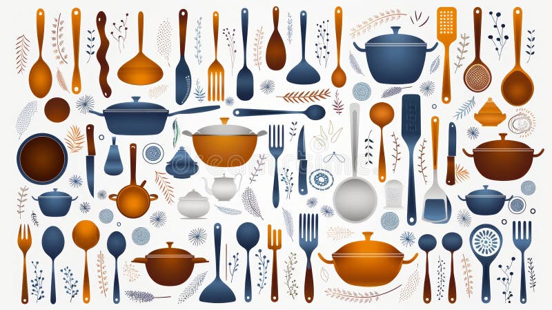 Illustration of Various Kitchen Utensils and Cookware Items in a ...