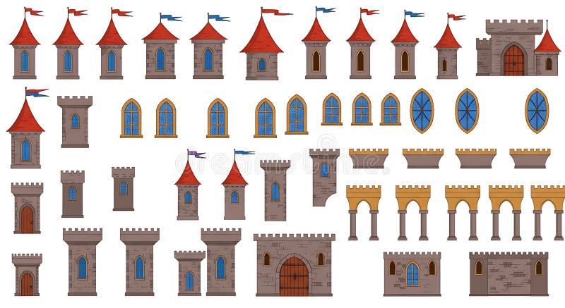 Illustration of Various Medieval Castle Elements, Including Towers with ...