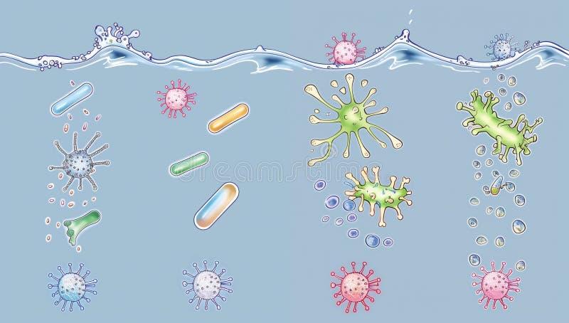 Illustration of Various Microorganisms Ascending in Water, with ...