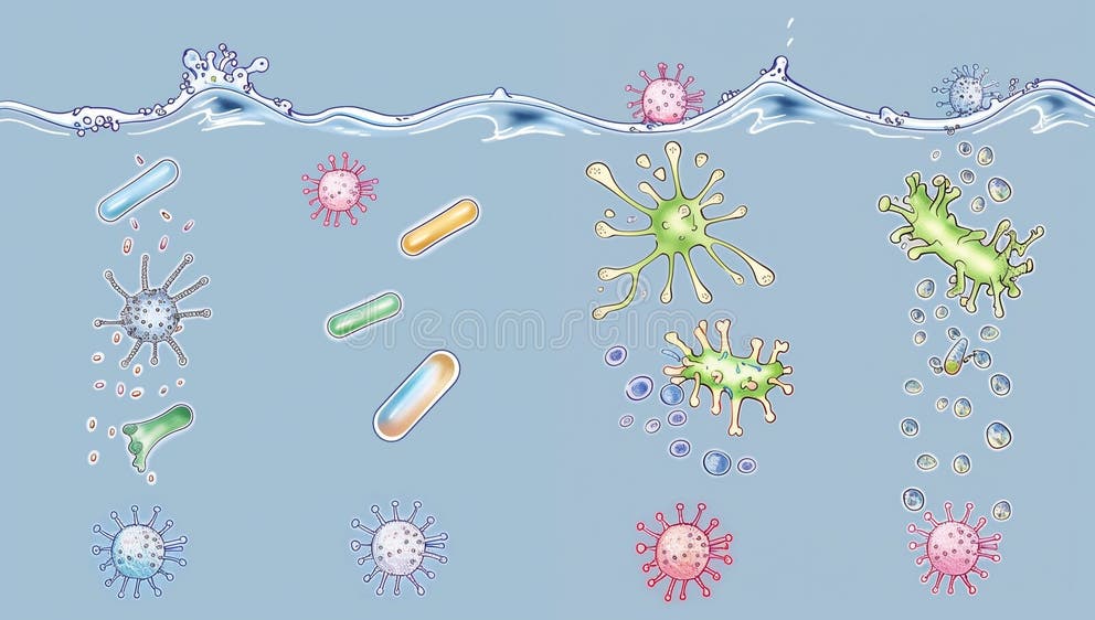 Illustration of Various Microorganisms Ascending in Water, with ...
