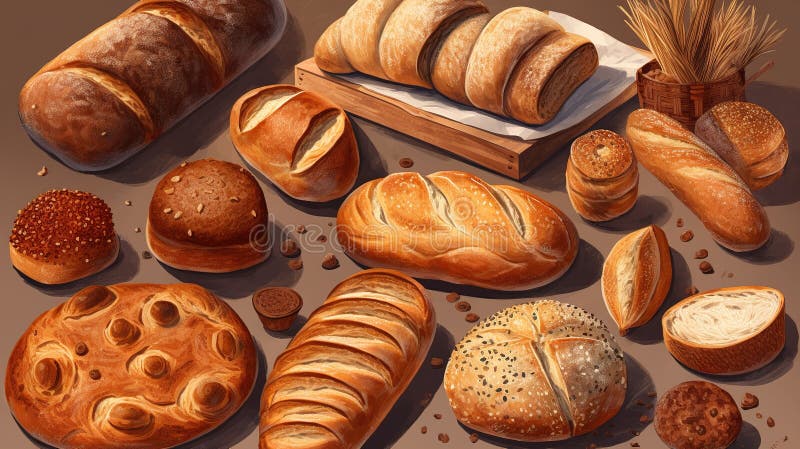 Illustration of Various Pastries of Bread and Rolls on the Table, Top ...