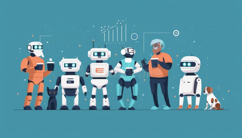 Illustration of Various Robots Assisting Human, Concept of AI and ...