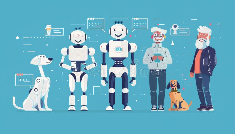 Illustration of Various Robots Assisting Human, Concept of AI and ...