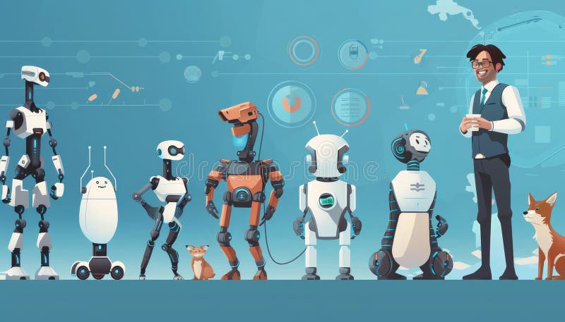 Illustration of Various Robots Assisting Human, Concept of AI and ...