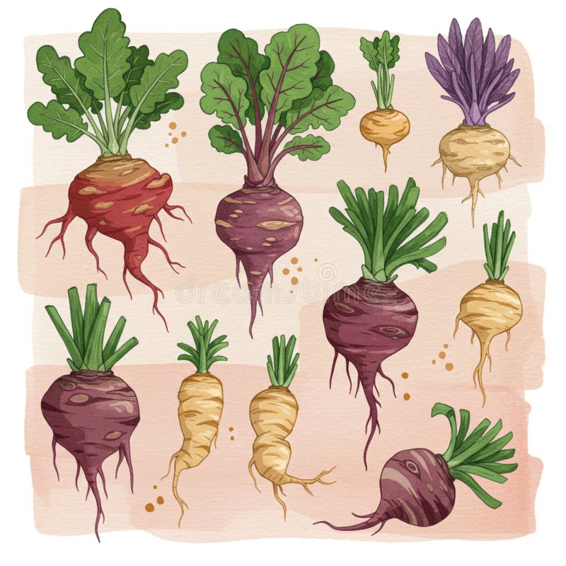 Illustration of Various Root Vegetables, Including Beets, Turnips, and ...