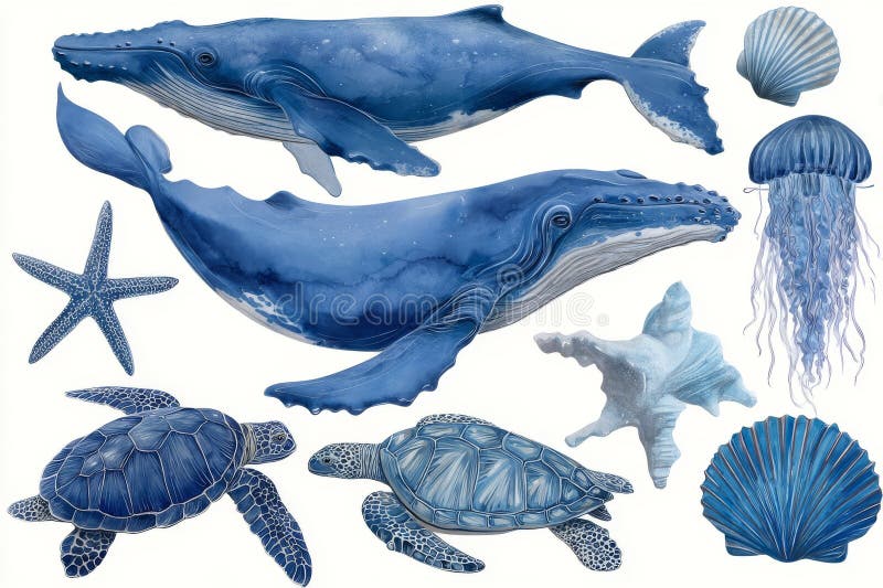An Illustration of Various Seashells and Sea Animals Drawing in Blue ...
