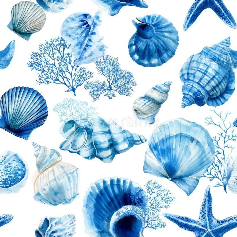 An Illustration of Various Seashells and Starfish Drawing in Blue Ink ...