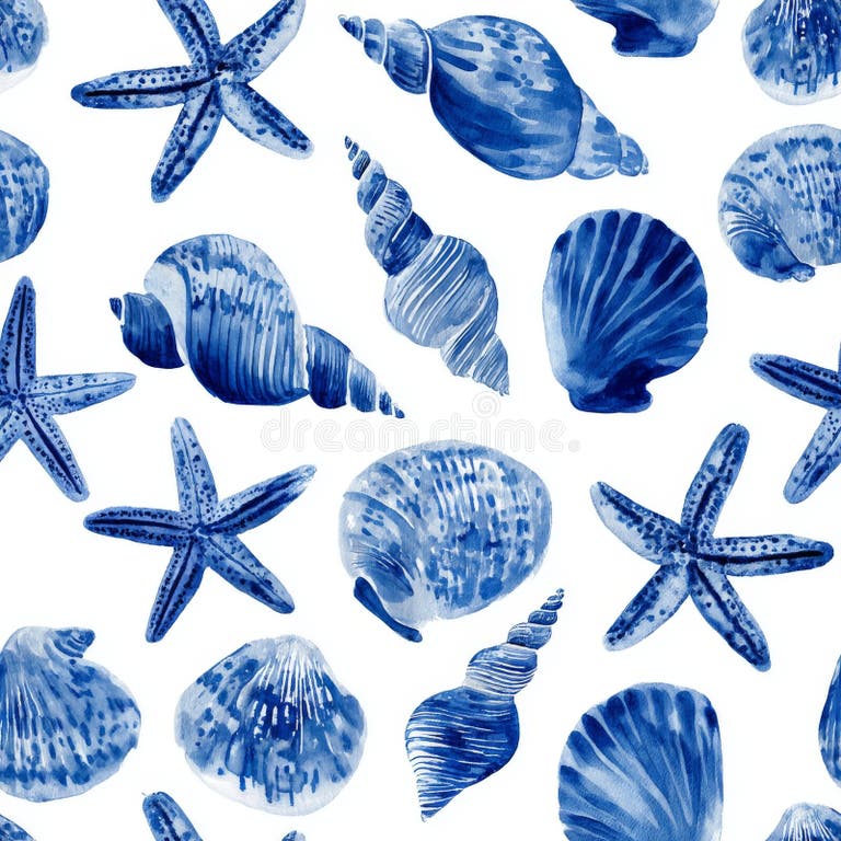 An Illustration of Various Seashells and Starfish Drawing in Blue Ink ...
