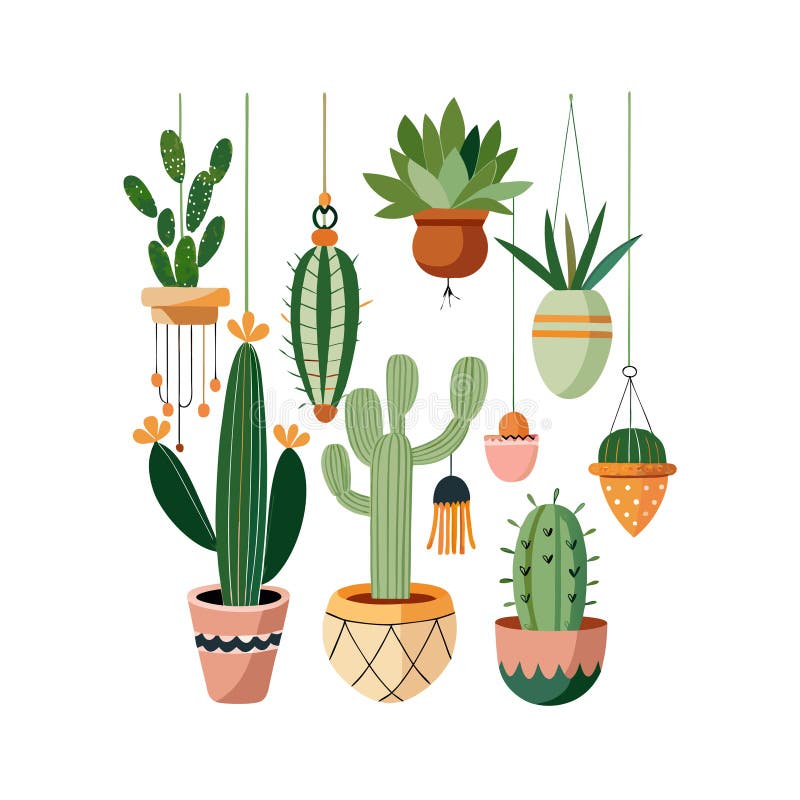 A Collection of Stylized Cacti and Succulent Plants in Decorative Pots ...