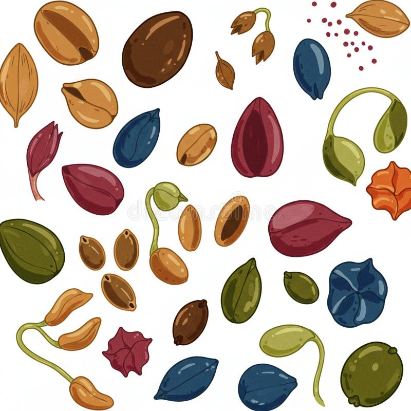 An Illustration of Various Stylized Seeds and Pods in an Array of ...