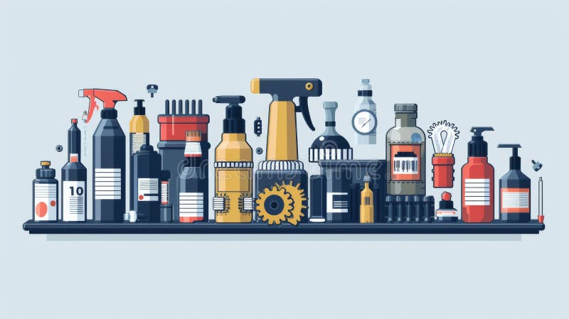 Illustration of Various Tools and Bottles Neatly Arranged on a Workshop Shelf, Depicting a ...